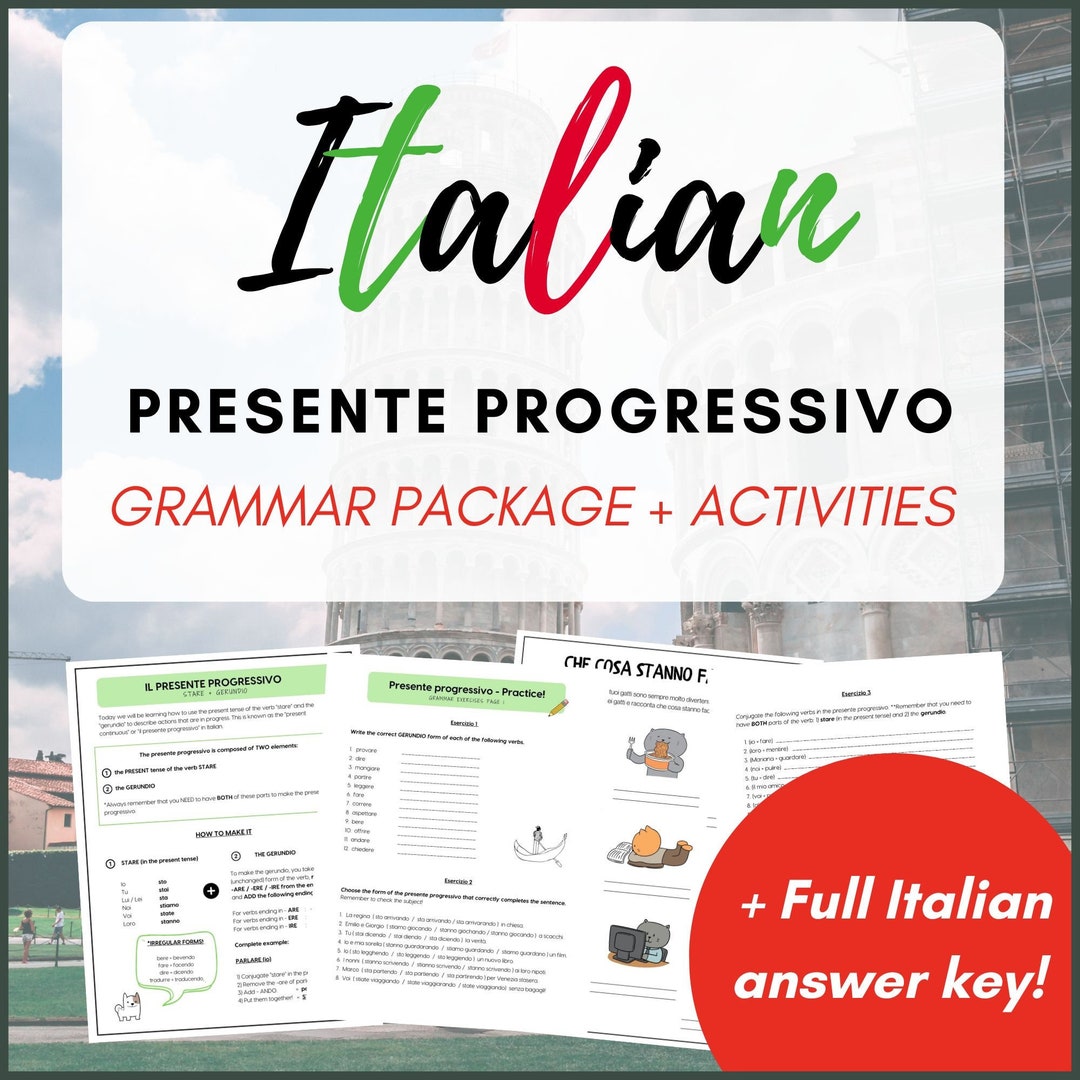 Italian Present Continuous Verbs Presente Progressivo Grammar Sheets ...