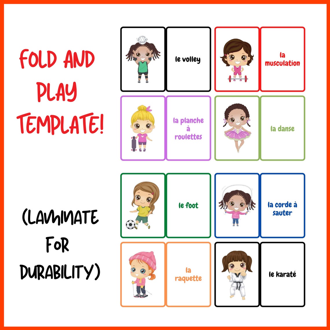 French Sports Hobbies girls Theme Flashcards for Kids French Vocabulary ...