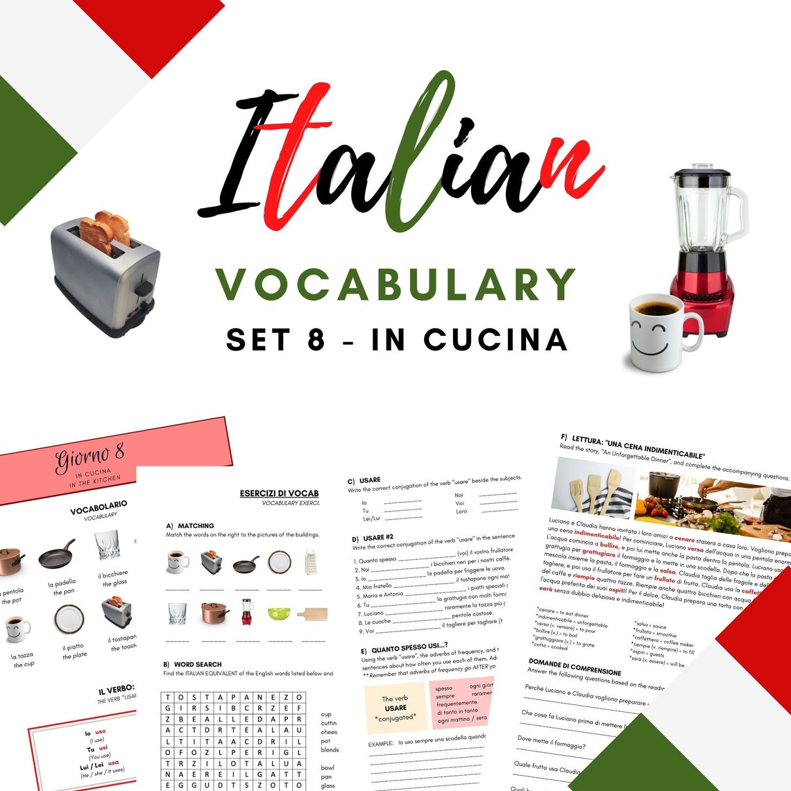 ITALIAN Vocabulary Sheets - Set #8 - in Cucina - in the Kitchen ...