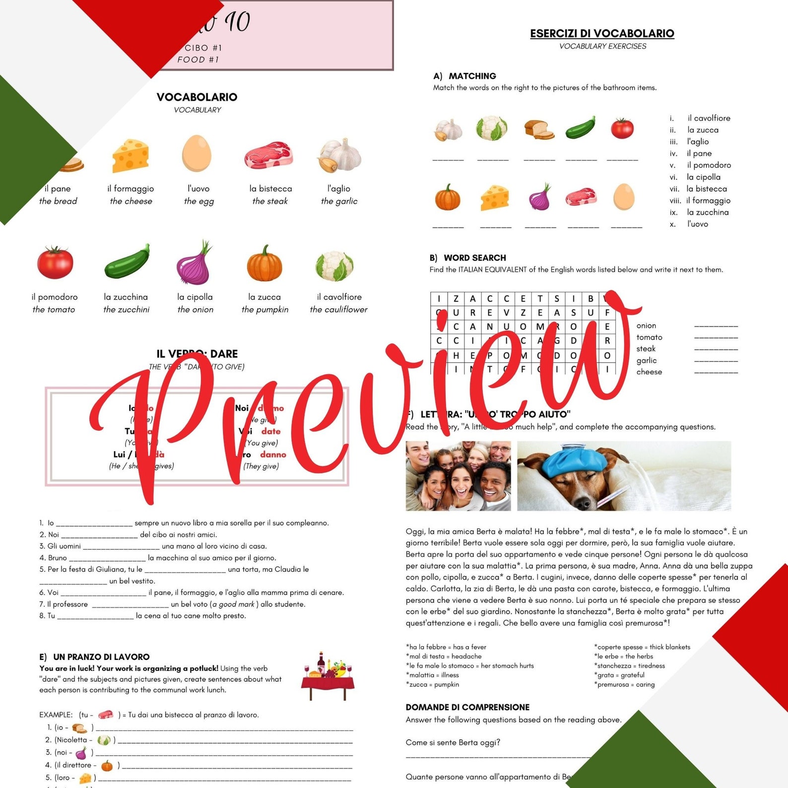 ITALIAN Vocabulary Sheets Set 10 Il Cibo 1 Food 1 Worksheets for ...