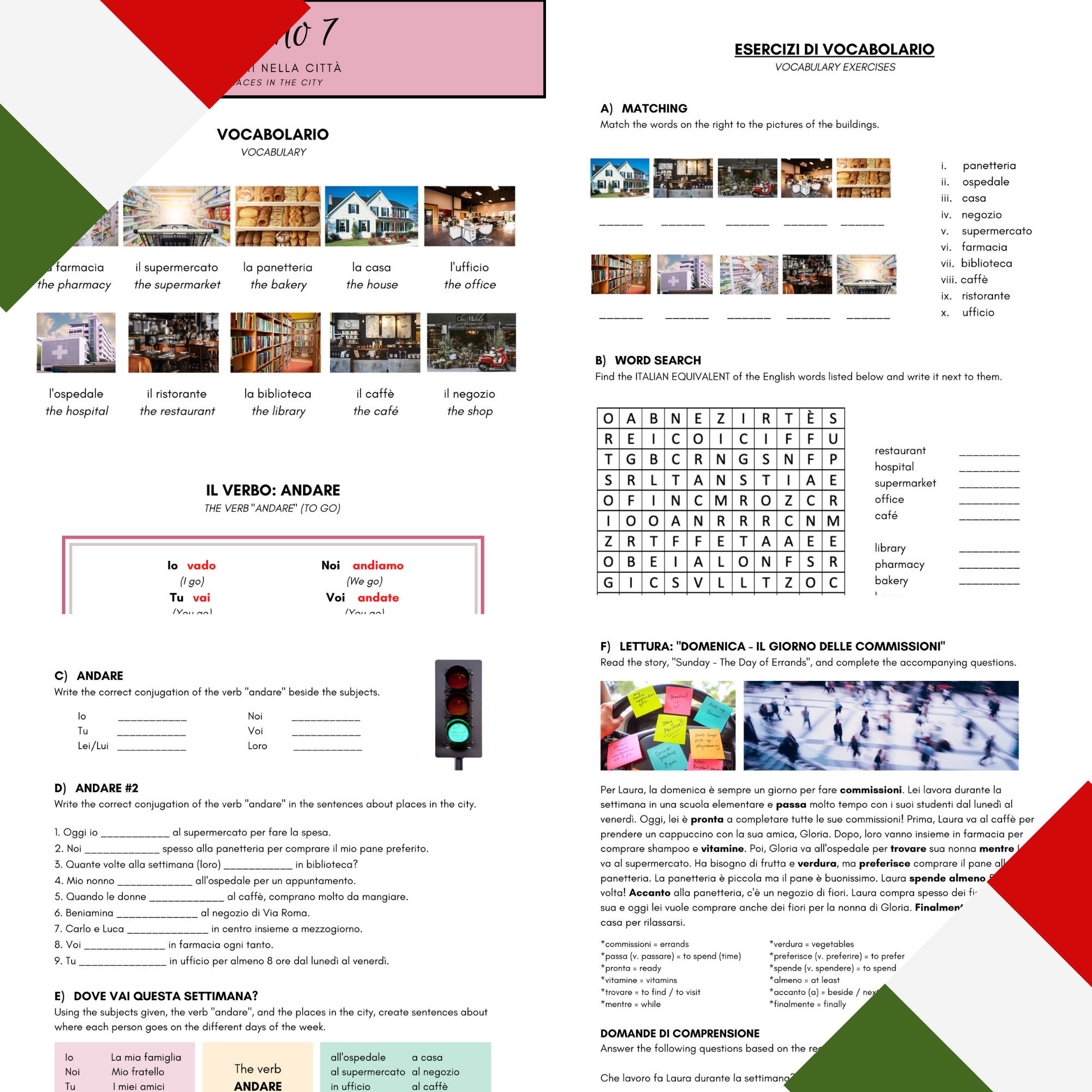 ITALIAN Vocabulary Sheets - Set #7 - Luoghi Della Città / Places in the ...