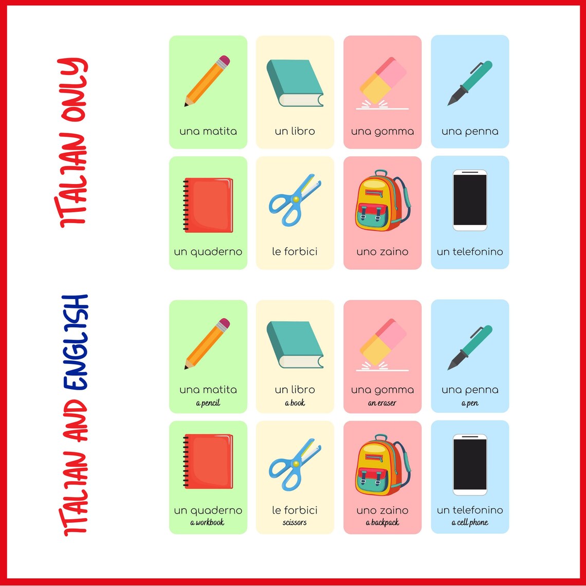 Italian Flashcards - School / Scuola Theme Cute Flashcards for Kids ...
