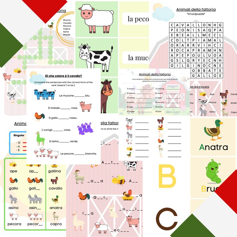 ITALIAN Farm Animal Vocabulary + Activities for Kids! - PDF Download - Etsy