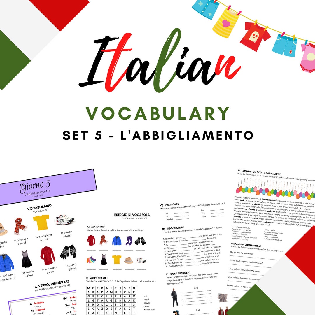 ITALIAN Vocabulary Sheets - Set #5 - L'abbigliamento / Clothing - PDF ...