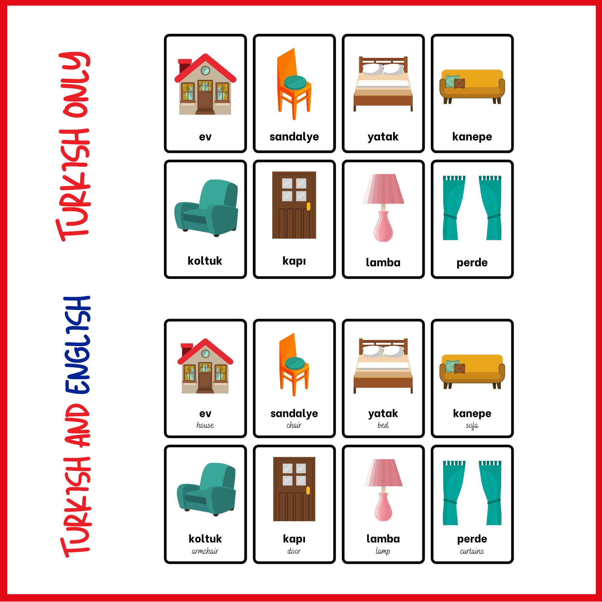 Turkish House Vocabulary Flashcards for Kids (56 Words!) - Turkish ...