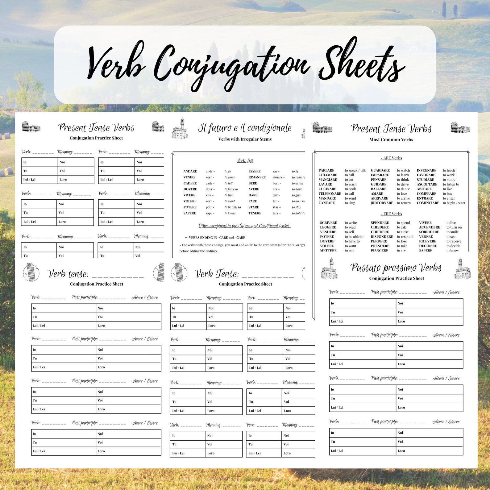 Italian Printable Language and Study Planner - Verb Practice, Templates ...