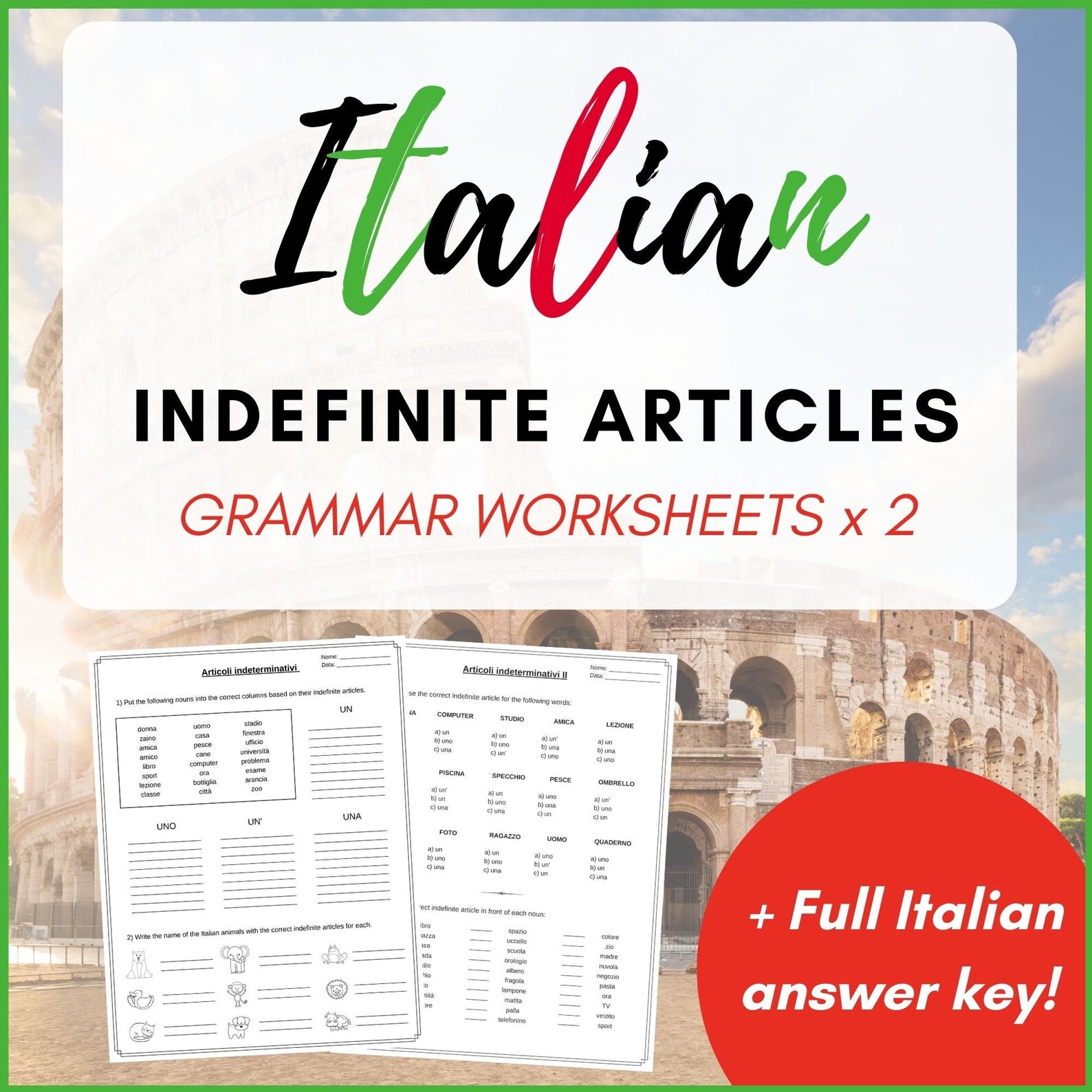 ITALIAN Indefinite Article Grammar Worksheets Articoli - Etsy