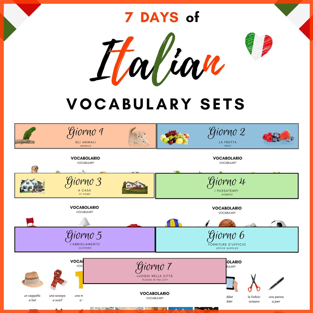 Italian Vocabulary Sets - 7 Days, 7 Verbs, 70 Words - PDF Download - Etsy