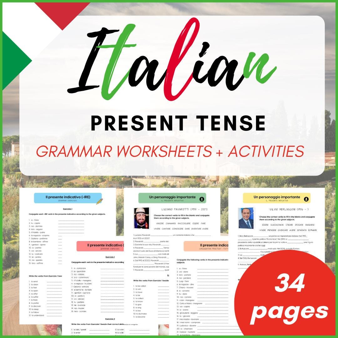 Italian Present Tense Verbs - Presente Indicativo - Grammar Sheets ...