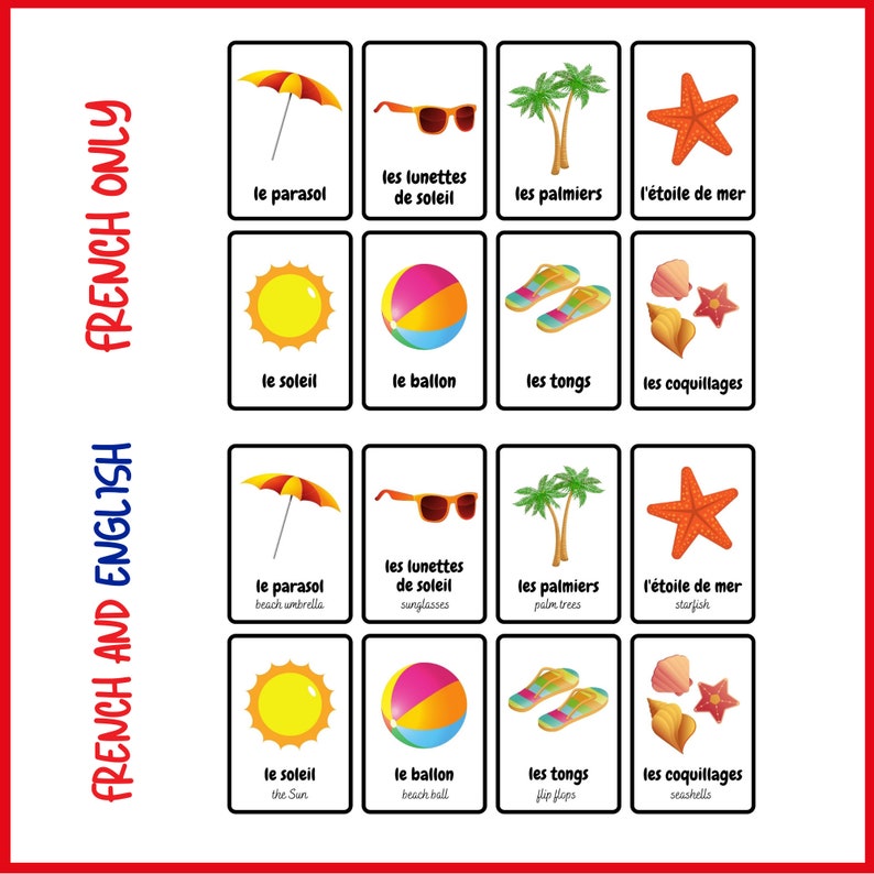 French Beach Theme Flashcards for Kids - French Vocabulary Practice for ...