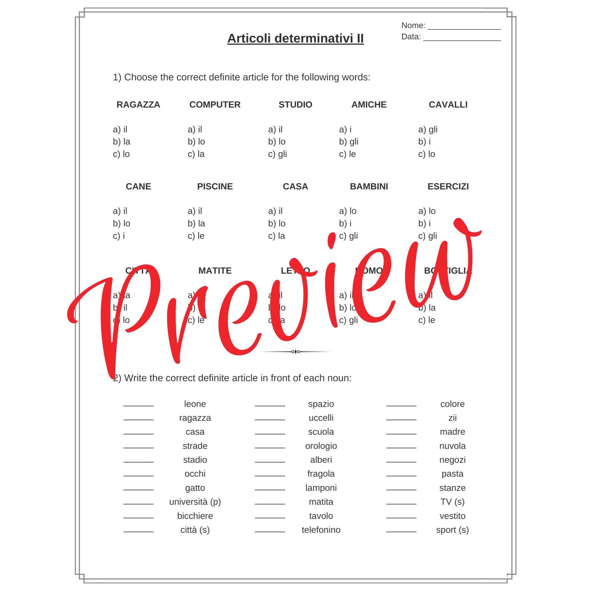 ITALIAN Definite Article Grammar Worksheets - Articoli Determinativi ...