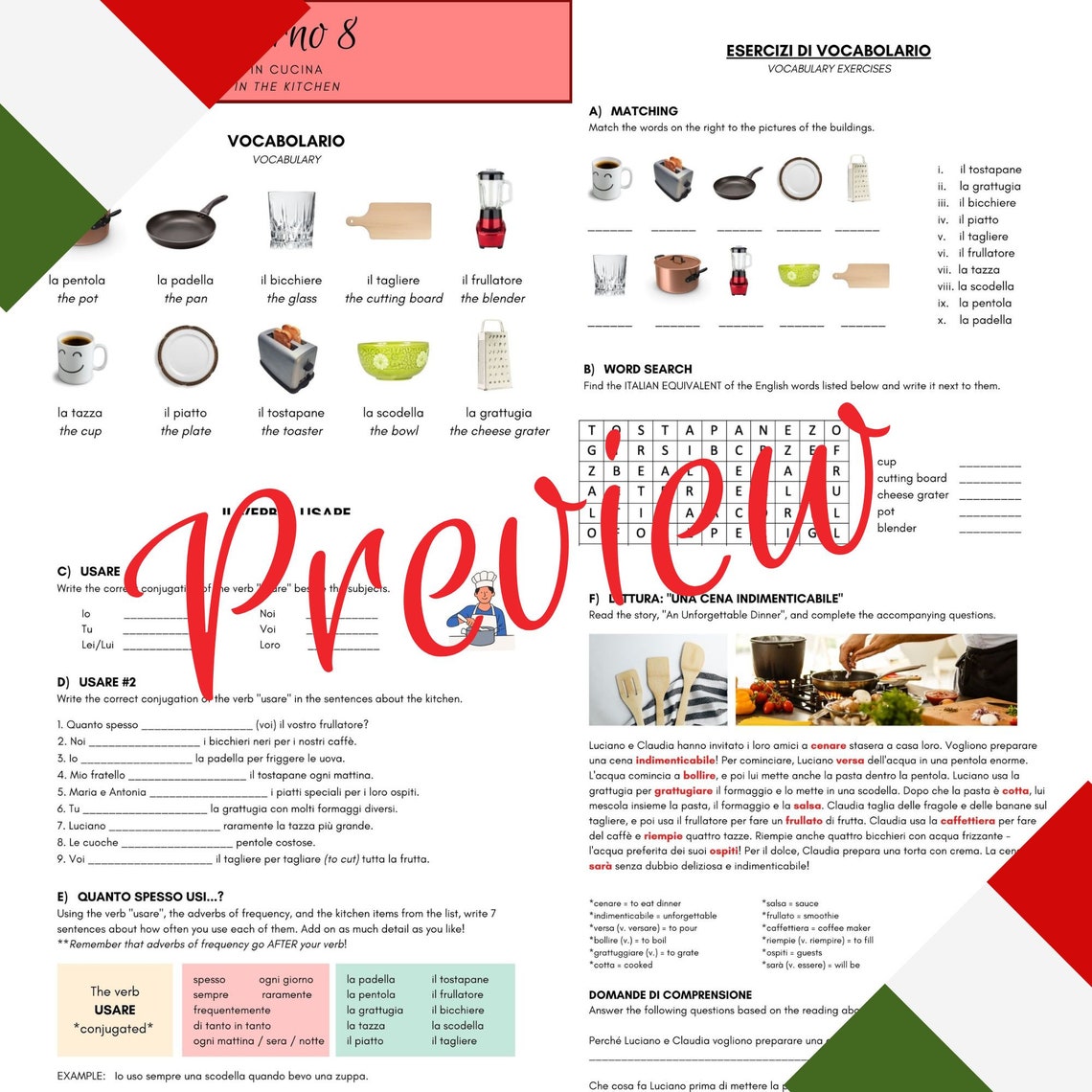 ITALIAN Vocabulary Sheets - Set #8 - in Cucina - in the Kitchen ...