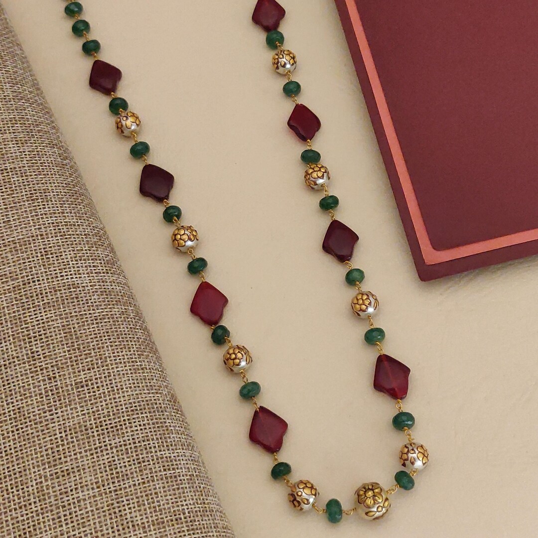 Green Gold Tone Emerald Necklace Stone Blue Quartz Pearl Mala Red Necklace Pink Jaipuri Indian ...