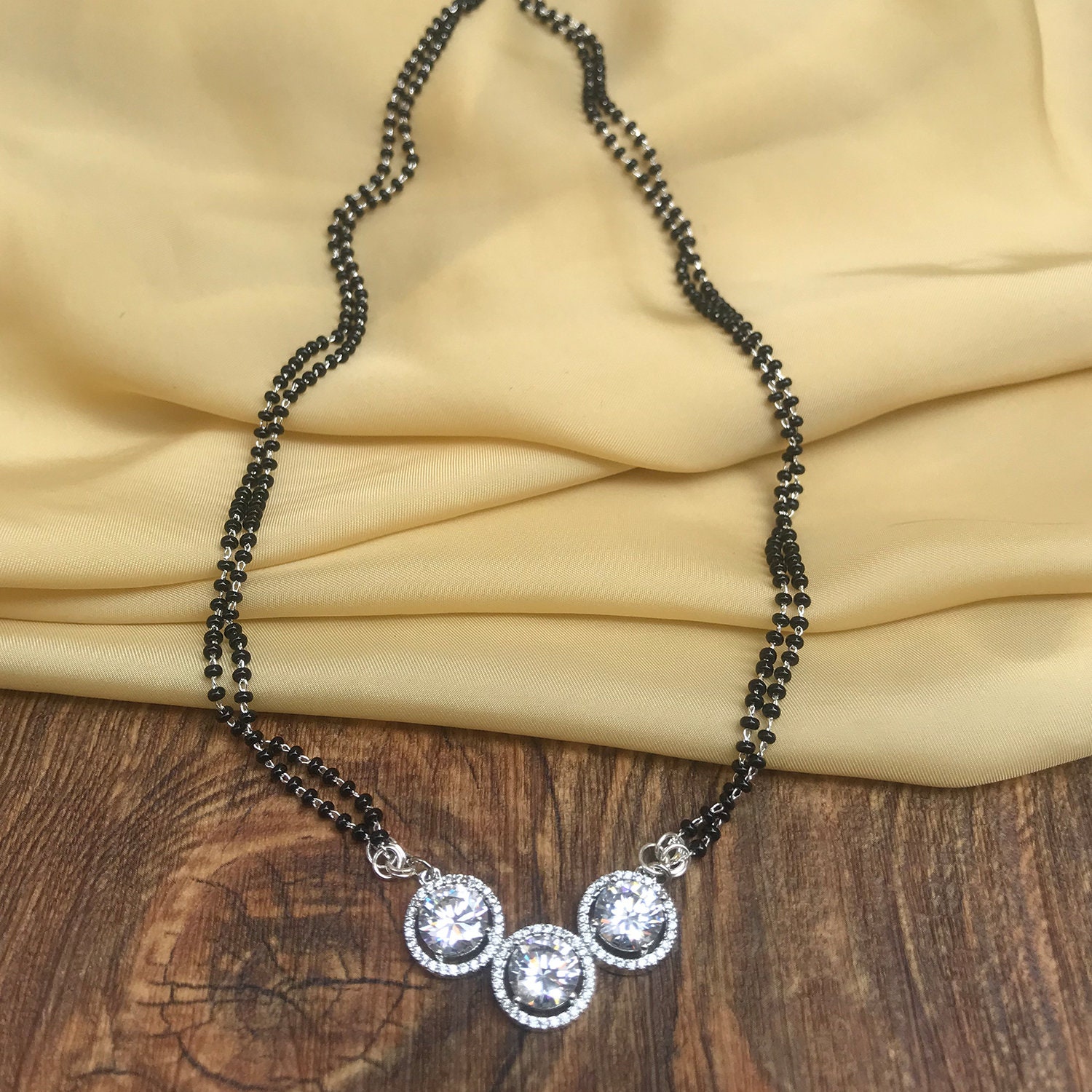 Silver Solitaire Mangalsutra, CZ Mangalsutra, Black Beads Mangalsutra ...