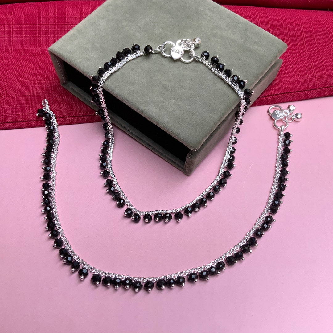 Black Crystal Beads Anklets, Indian German Silver Anklets, Beads ...