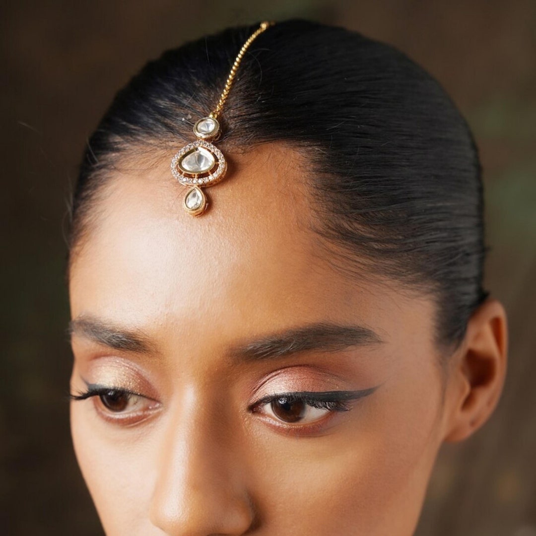 Crystal Kundan Maang Tikka, Gold Plated Forehead Jewelry - Etsy