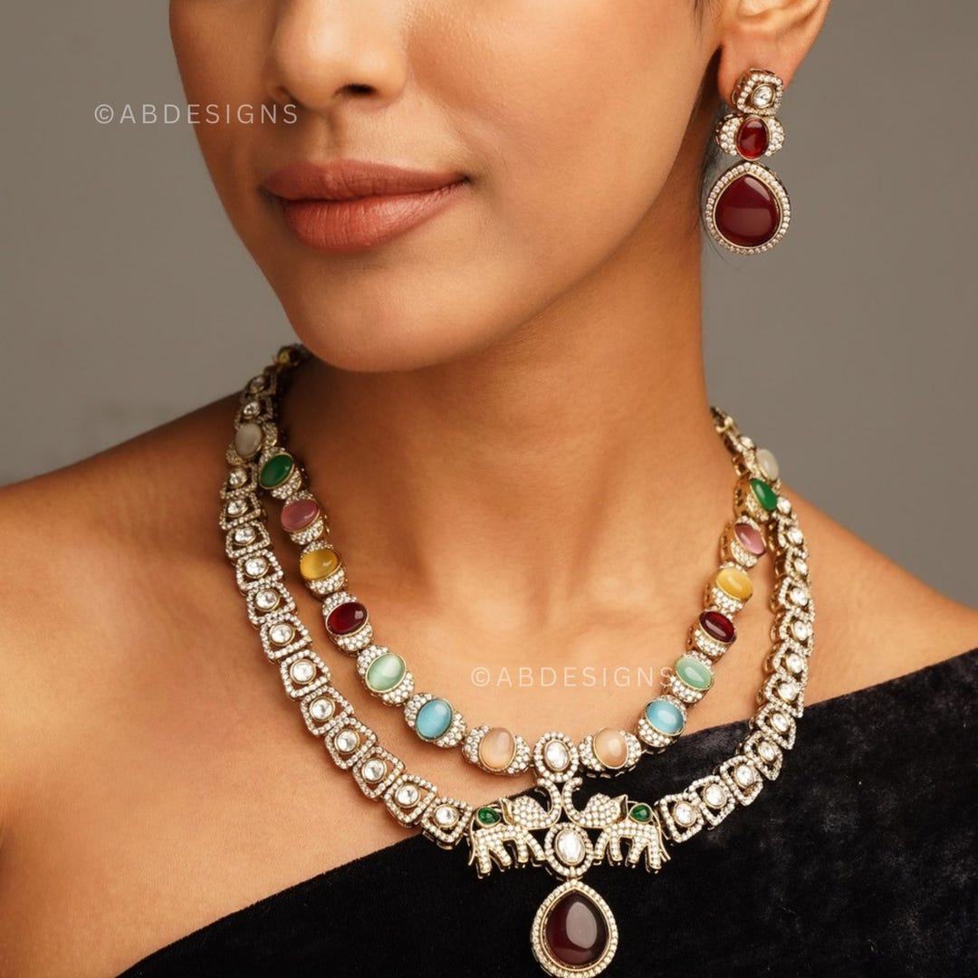 Navratna Stones Layered Necklace/multi-color Gemstone Necklace/indian ...