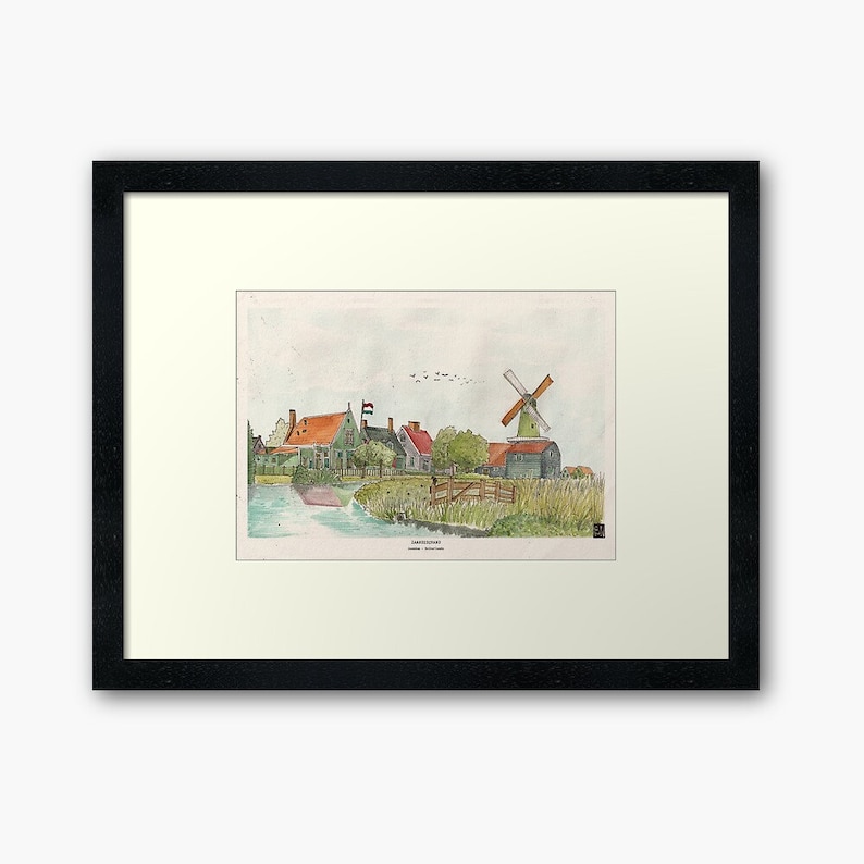 Zaanse Schans Zaandam Netherlands, Dutch Landscape Watercolor Print ...