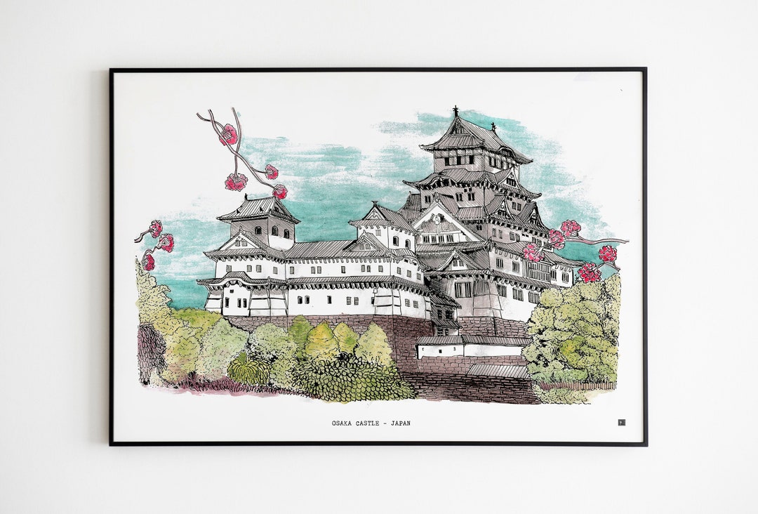 Japan Travel Print - Osaka Castle Japanese Landmark Drawing ...