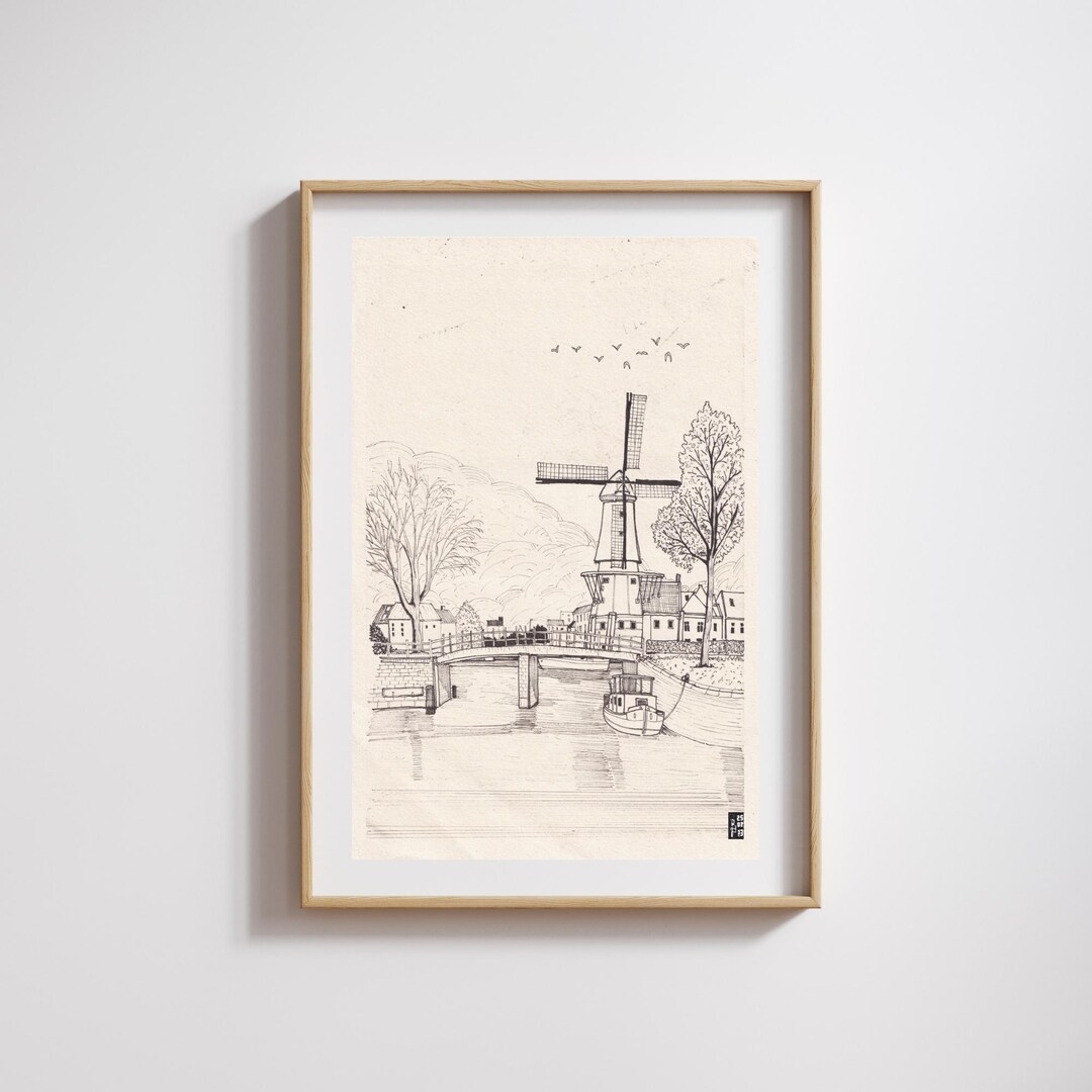 Haarlem Windmill Pen & Ink Art Print, Netherlands (digital Download) - Etsy