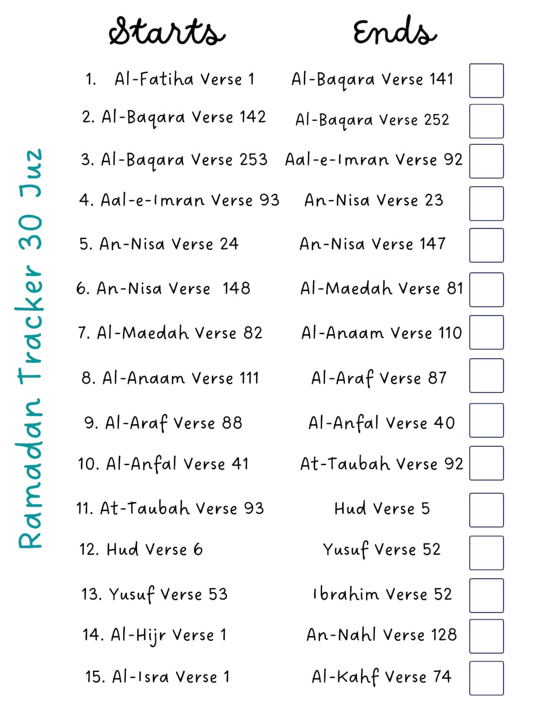 Ramadan Tracker: Quran 30 Juz - INSTANT DOWNLOAD - Etsy