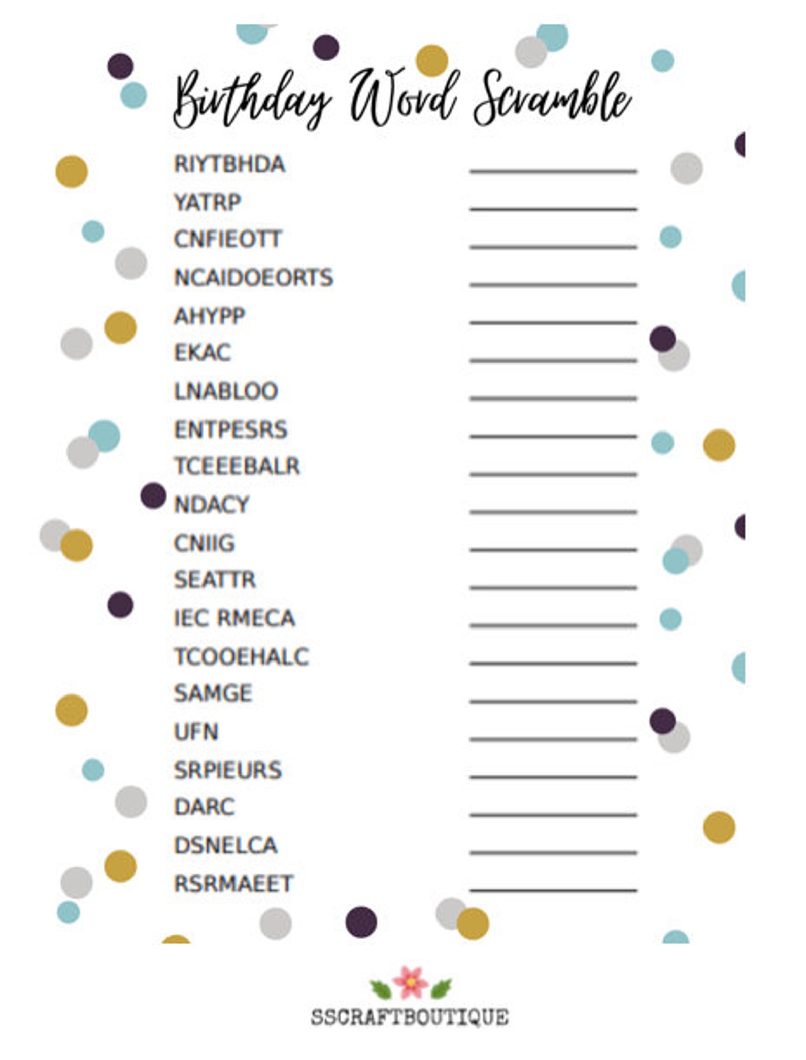 Birthday Word Scramble and Answers- INSTANT DOWNLOAD - Etsy