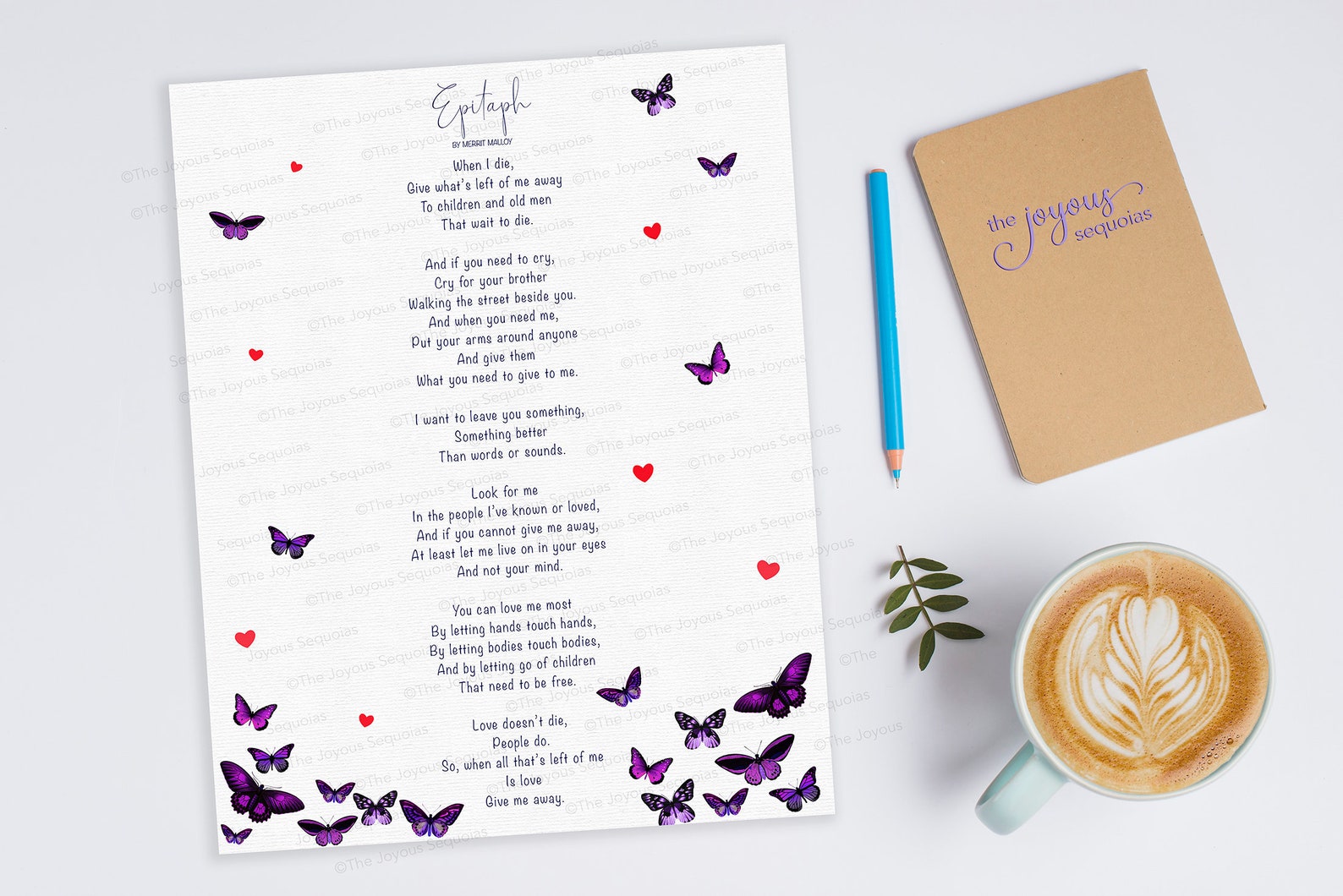 Epitaph Purple Butterflies Red Hearts Printable Poem, Digital Print ...