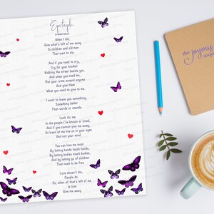 Epitaph Purple Butterflies Red Hearts Printable Poem, Digital Print ...