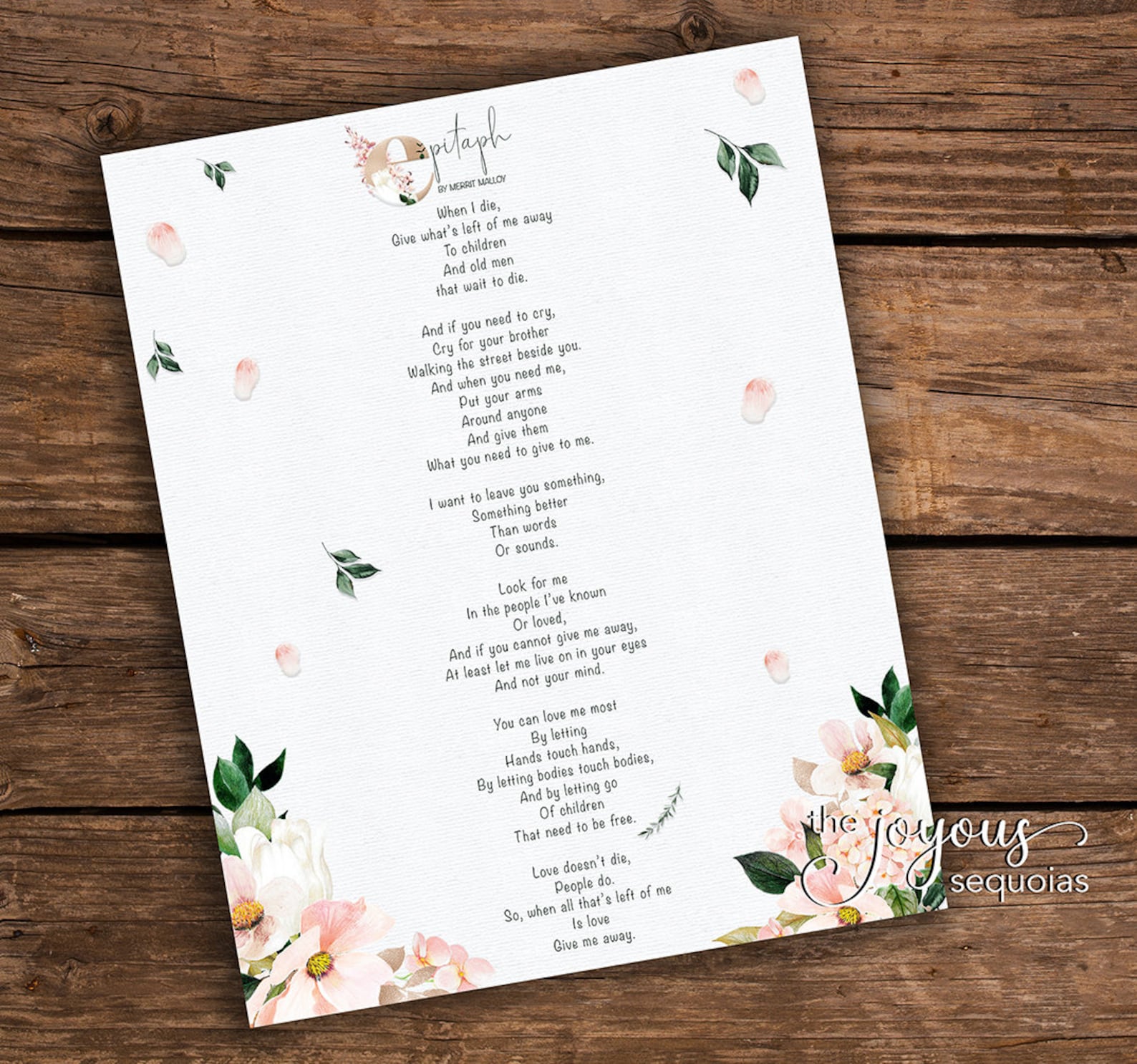 Epitaph Pink Flowers Printable Poem, Poem From NCIS Season 18, Digital ...