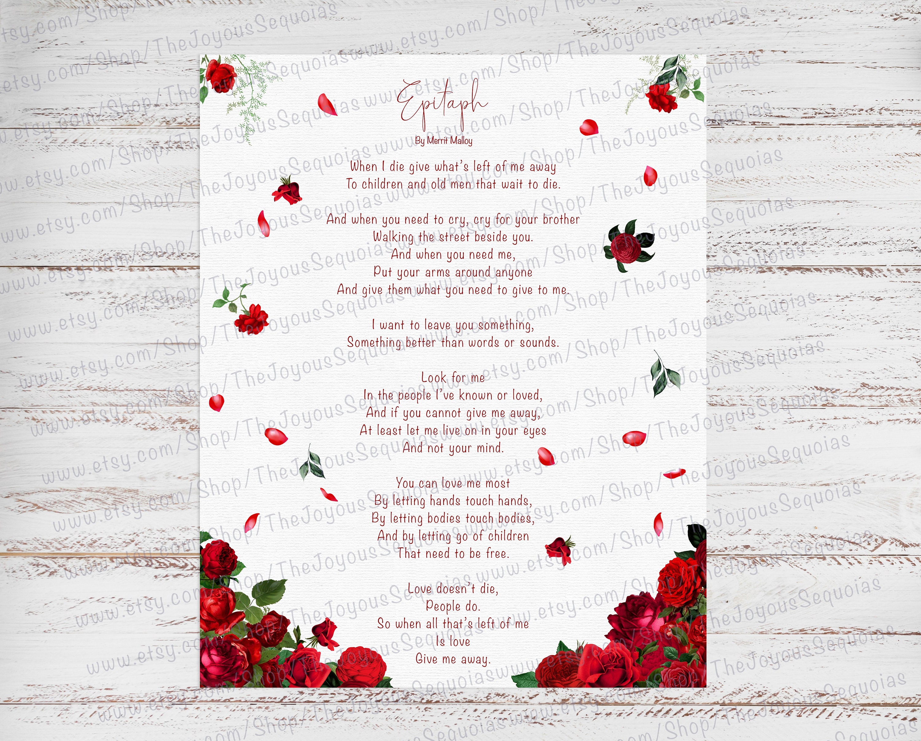 Epitaph Red Roses Printable Poem, Digital Download, Rosaceae, in Memory ...