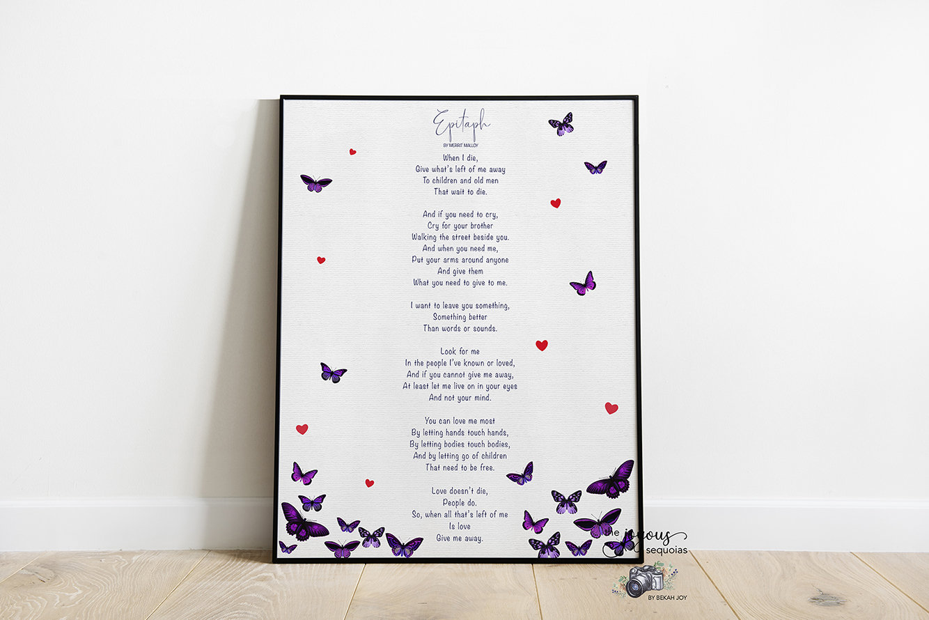 Epitaph Purple Butterflies Red Hearts Printable Poem Digital - Etsy España