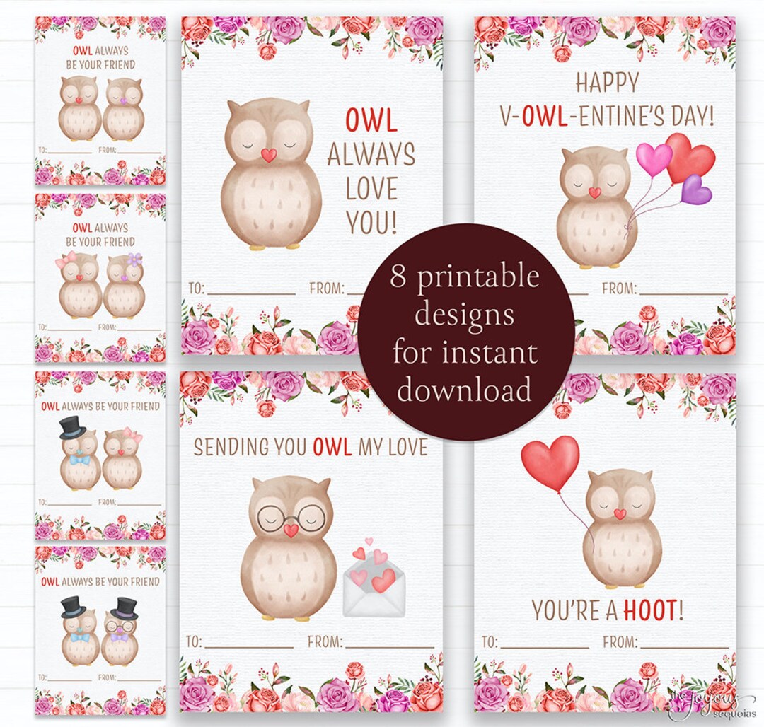 Owl Valentine's Day Printable Cards With Flowers, Set of 8 Designs ...