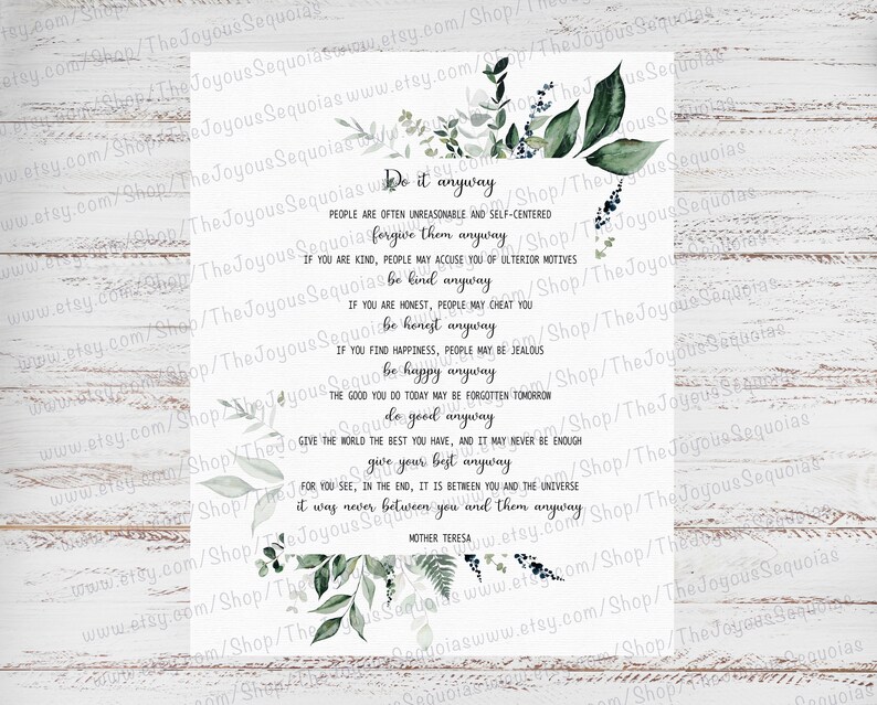 Do It Anyway Printable Poem, Non-religious Mother Teresa Quote ...