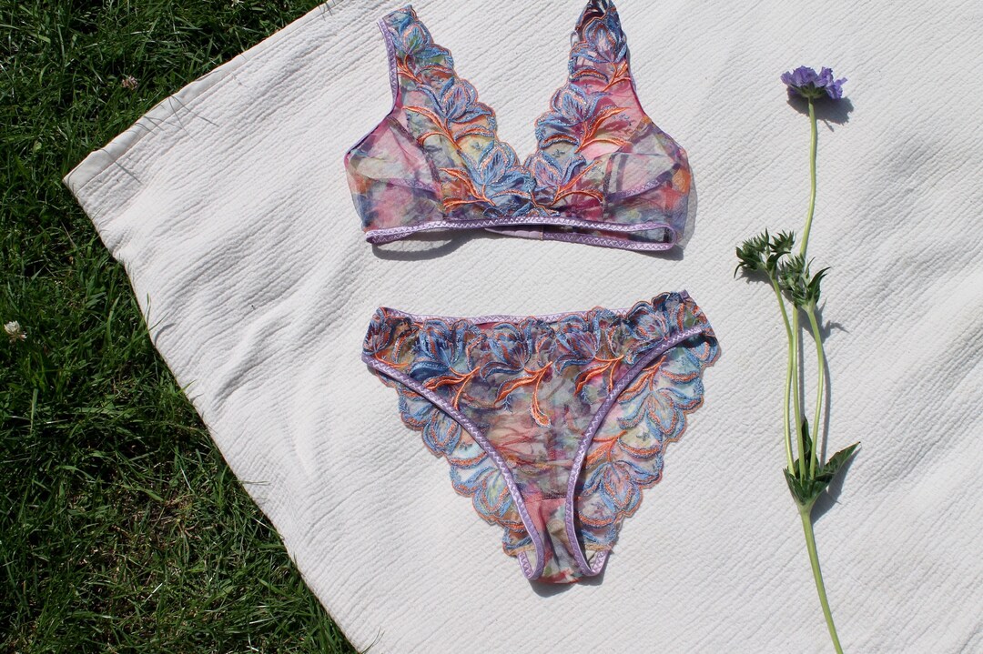 Colorful Embroidered Lace Lingerie Set Embroidered Floral Tulle Bralette And Knickers Etsy