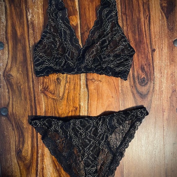 Black Sparkly Soft Lace Lingerie Set Black and Gold Lace Bralette and Low Waist Lace Knickers Bespoke Sparkly Underwear Etsy