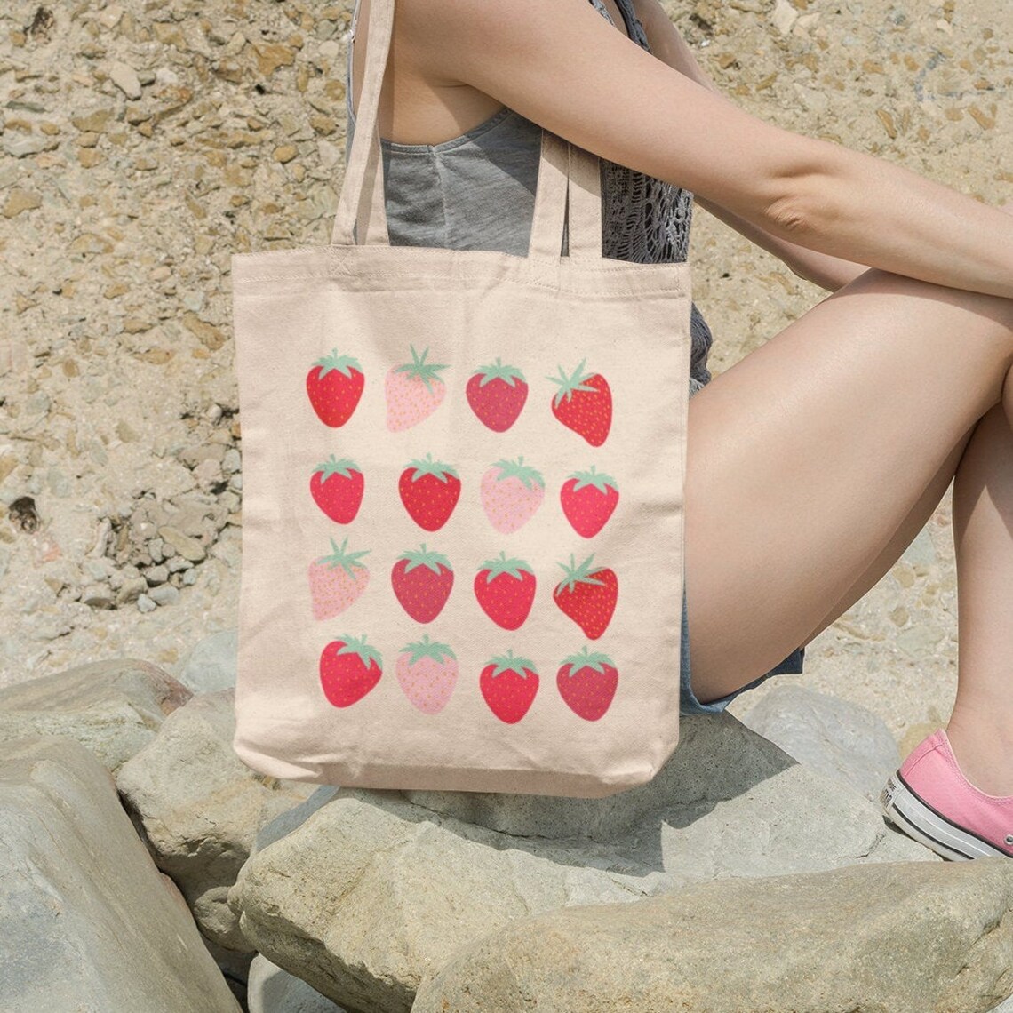 Strawberry Print Tote Bag Tote Bag Aesthetic Cute Tote Bags Etsy