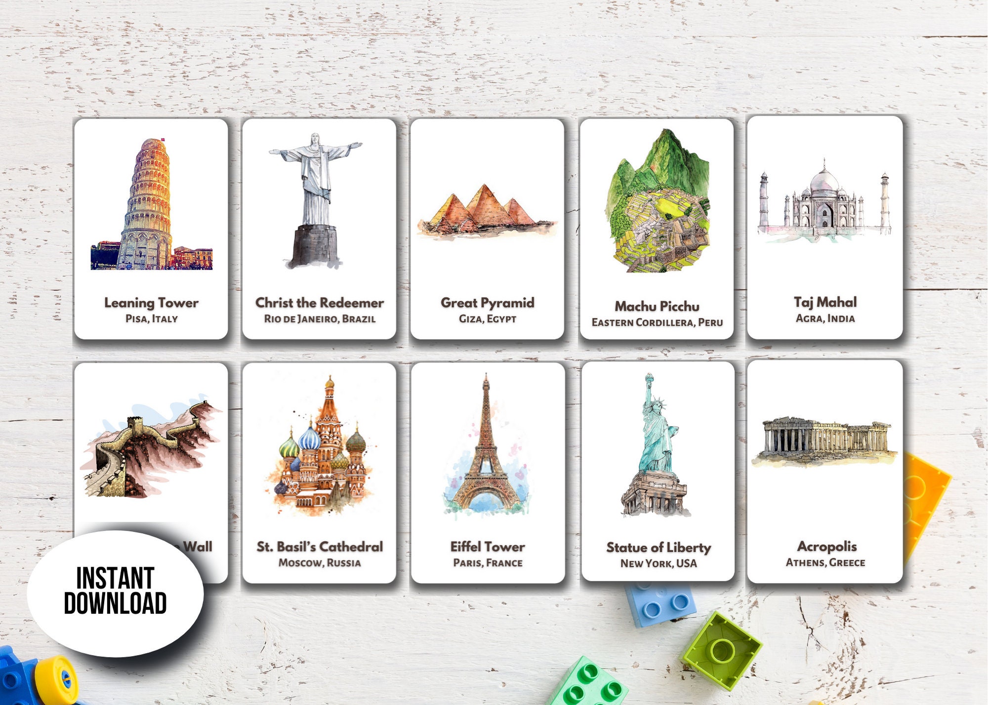 40 World Famous Landmarks Flashcards Watercolor Printable | Etsy