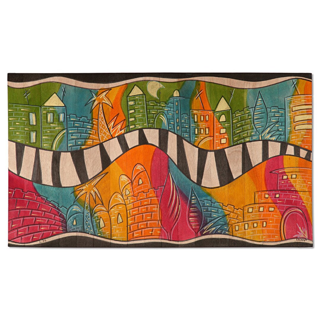Jerusalem Art Decor, Hand Painted Wooden Floor Mat, Colorful Accent Rug ...