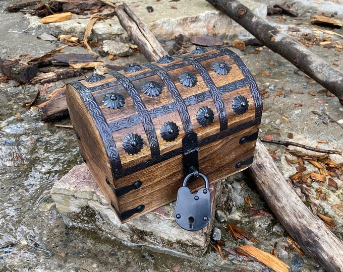 Pirate Treasure Chest Jewelry Box Latches Wood Red Velvet Interior ...