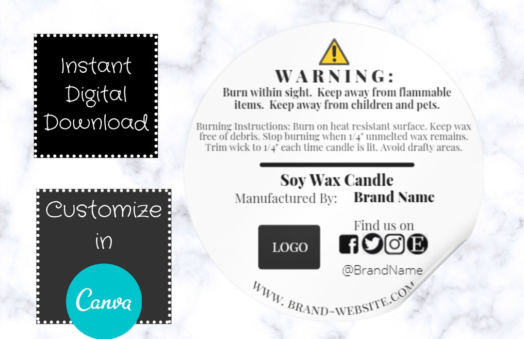 Candle Warning Label Template, DIGITAL DOWNLOAD, Custom Template Canva ...