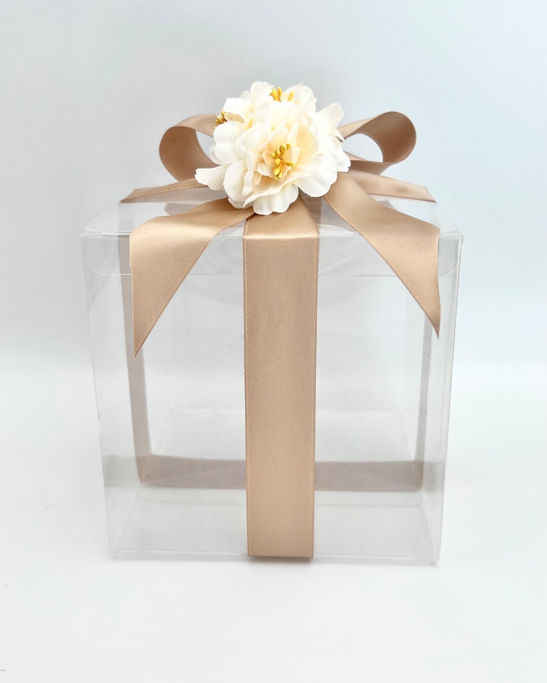 5 Boxes Clear Cube Flower Box With Flat Insert and Gold Satin Ribbon ...