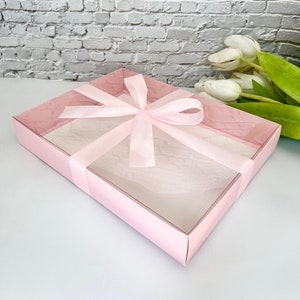 2 Boxes Elegant Wide Pink Gift Box 16x12x2.5 Inch Clear Tuck-in Top Lid ...