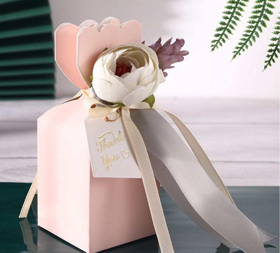 10 Boxes Light Pink Candy Box With White & Purple Flower Ribbon With ...
