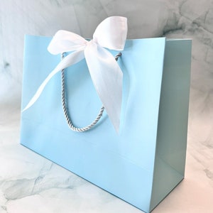 Elegant Large Light Blue Gift Bag, Wide White Satin Ribbon and White ...