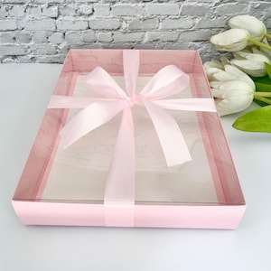2 Boxes Elegant Wide Pink Gift Box 16x12x2.5 Inch Clear Tuck-in Top Lid ...