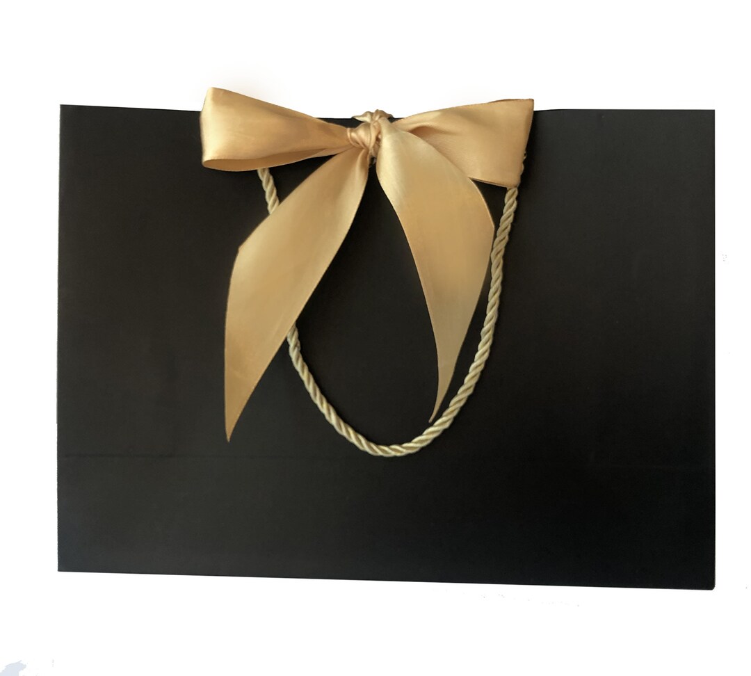 Elegant Black Gift Bag 11 X 7-3/4 X 4 Wide Satin Gold Ribbon and Gold ...