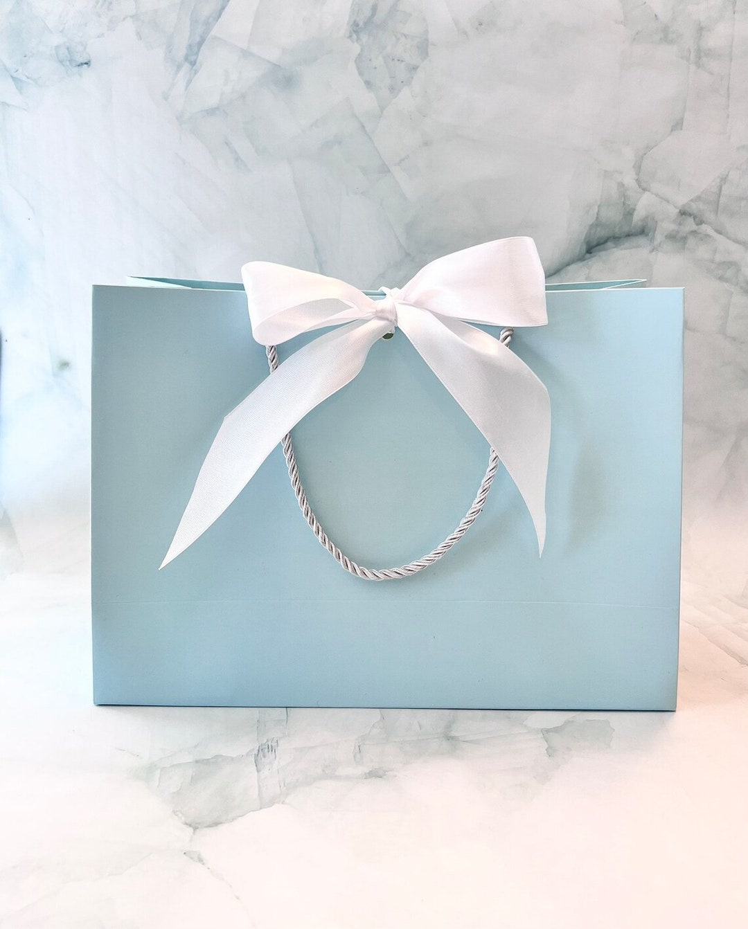 Elegant Large Light Blue Gift Bag, Wide White Satin Ribbon and White ...