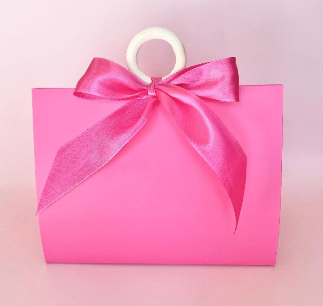 Elegant Round Wooden Handle Hot Pink Gift Box With 1.5" Wide Hot Pink ...