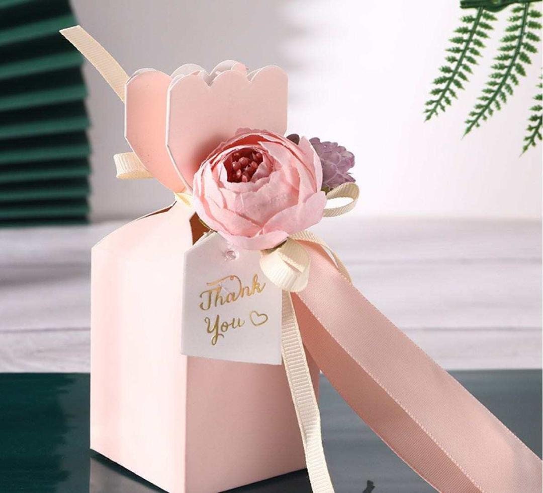 10 or 20 Boxes Pink Candy Box With Pink & Purple Flower Ribbon With Tag ...