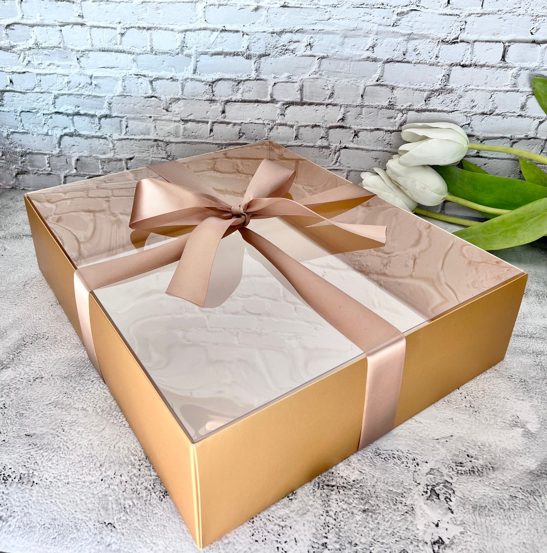 Large Elegant Gold Gift Box With Clear Lid (set of 3) - 17.5x13.5x4 ...